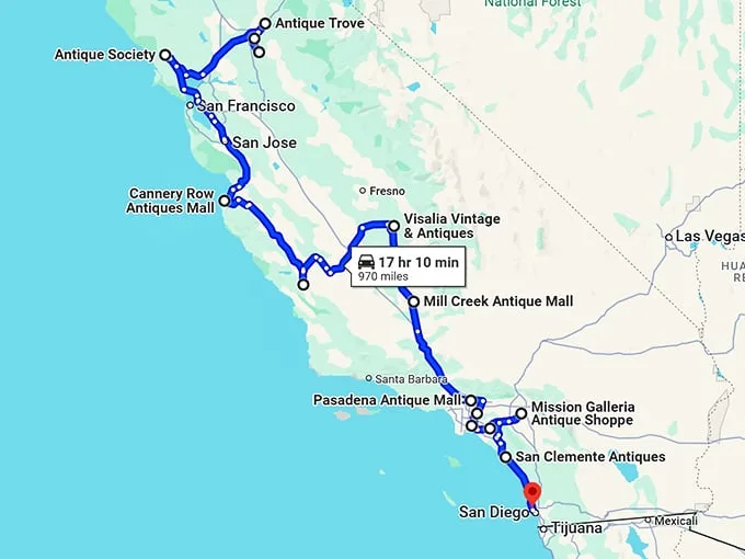 california best antique stores map