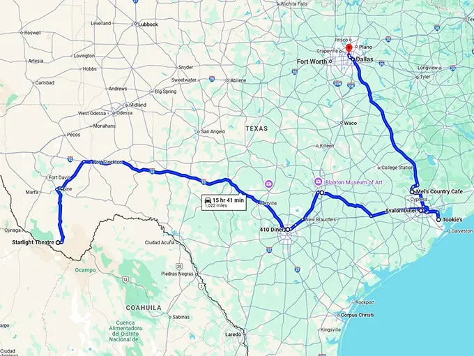 retro road trip texas map