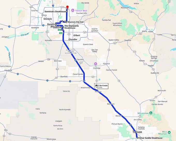 steakhouse road trip arizona map