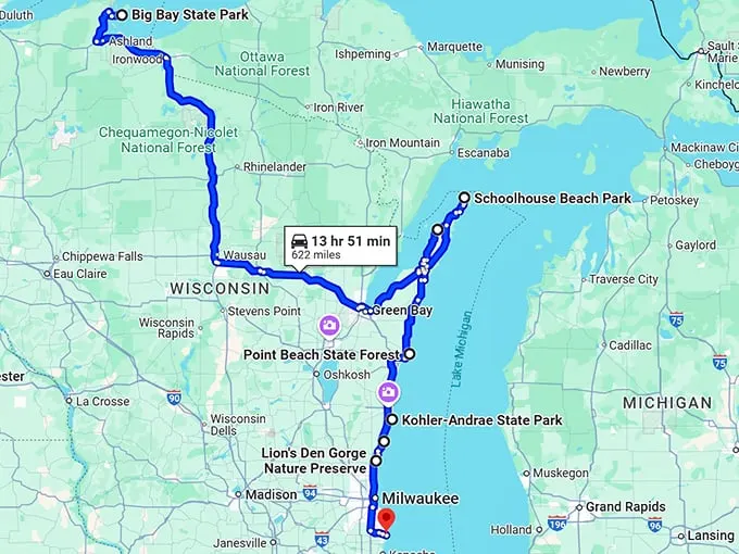 wisconsin beaches road trip map