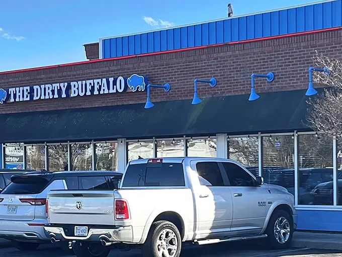 The stone and brick exterior with that iconic blue buffalo sign isn't just a restaurant front—it's a beacon of hope for the wing-deprived masses of Norfolk.