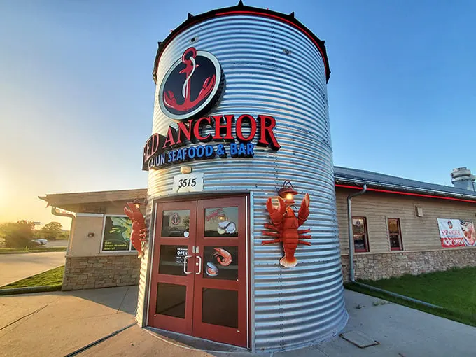 Ahoy, seafood lovers! This giant silo isn't storing corn – it's housing some of the best oceanic eats this side of the Mississippi.