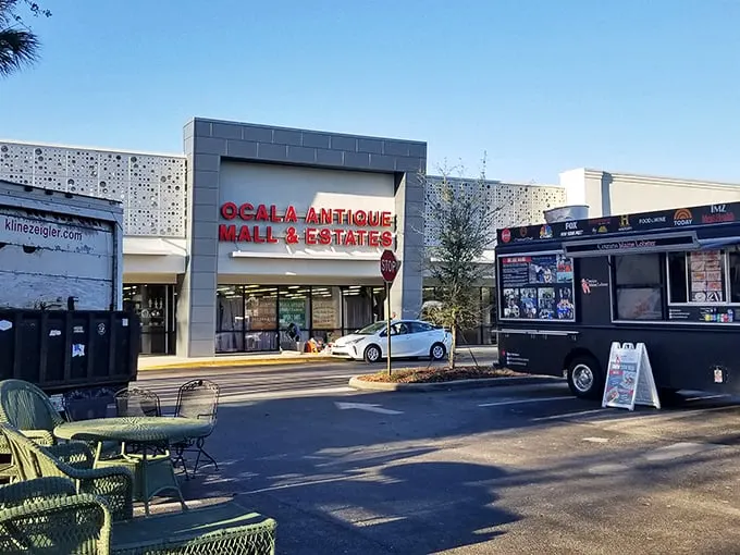Step right up, folks! The Ocala Antique Mall & Estates beckons with its modern facade, promising a journey through time just beyond those doors.