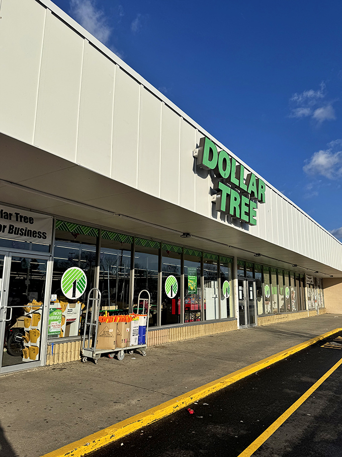Welcome to the green-and-white palace of thrift! This Dollar Tree's exterior promises a treasure trove of bargains inside, like a modern-day Ali Baba's cave.