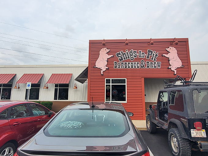Those dancing cartoon pigs aren't just cute – they're sentinels guarding a temple of smoke where barbecue dreams come true.
