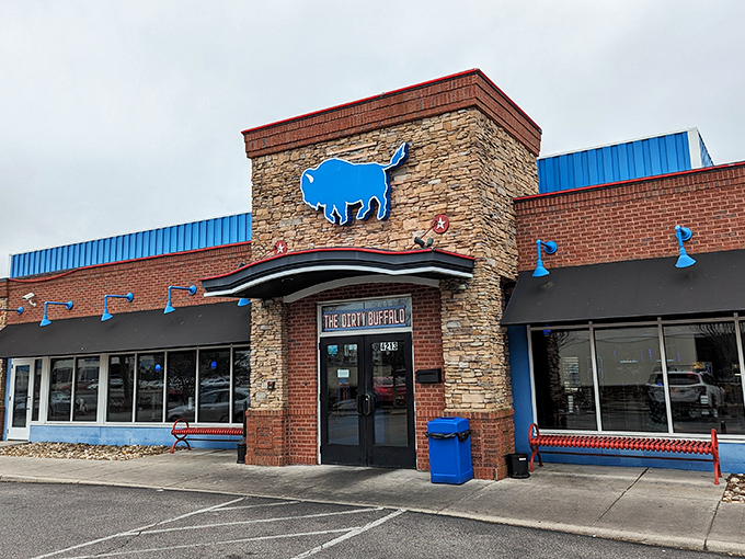The stone and brick exterior with that iconic blue buffalo sign isn't just a restaurant front—it's a beacon of hope for the wing-deprived masses of Norfolk.