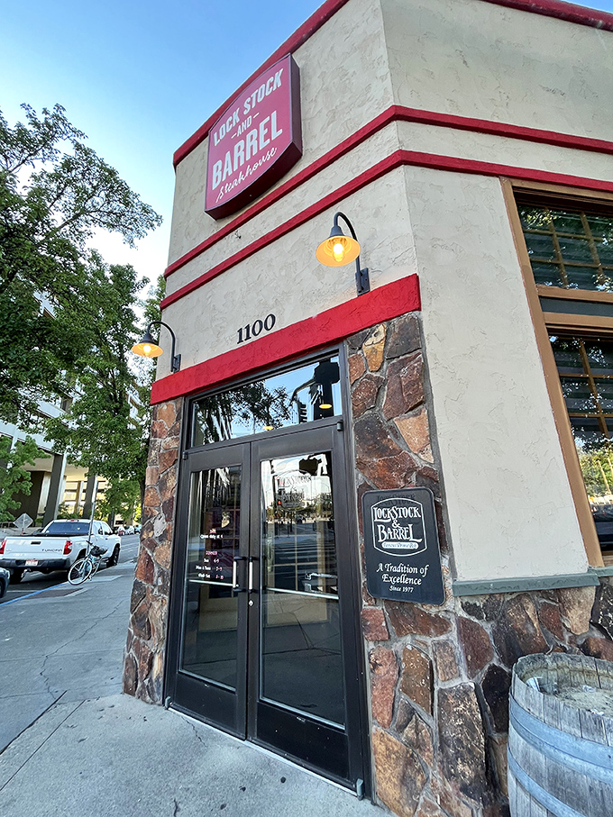 The corner steakhouse that's been calling Boiseans home since 1977. That barrel by the door isn't just decoration—it's a promise of the old-school delights awaiting inside.
