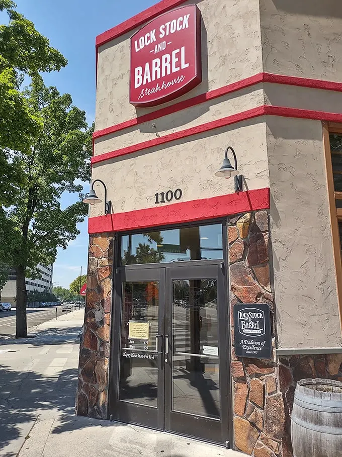The corner steakhouse that's been calling Boiseans home since 1977. That barrel by the door isn't just decoration—it's a promise of the old-school delights awaiting inside.