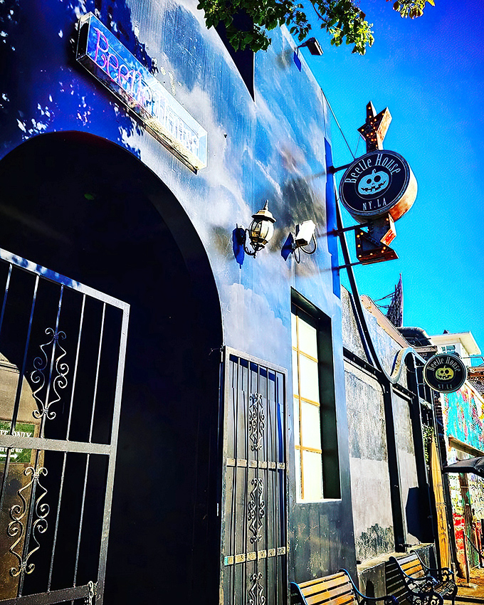 Step into a world where Halloween never ends! Beetle House LA's exterior is a delightful mash-up of Tim Burton's wildest dreams and your favorite haunted house.