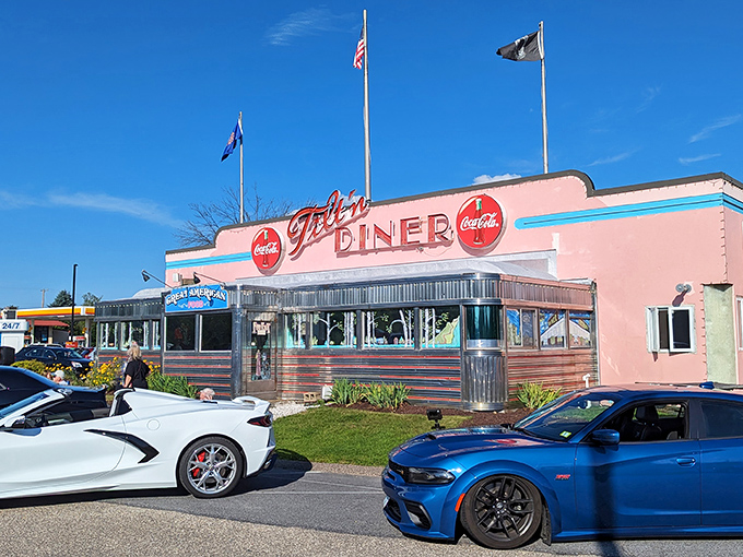 Step back in time! The Tilt'n Diner's pink facade and chrome trim are like a '50s Cadillac you can eat in.