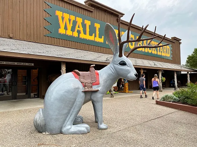 Welcome to Wall Drug, where the jackalopes roam free and the Wild West meets Willy Wonka! This giant rabbit statue is just the beginning of the whimsical wonders awaiting inside.