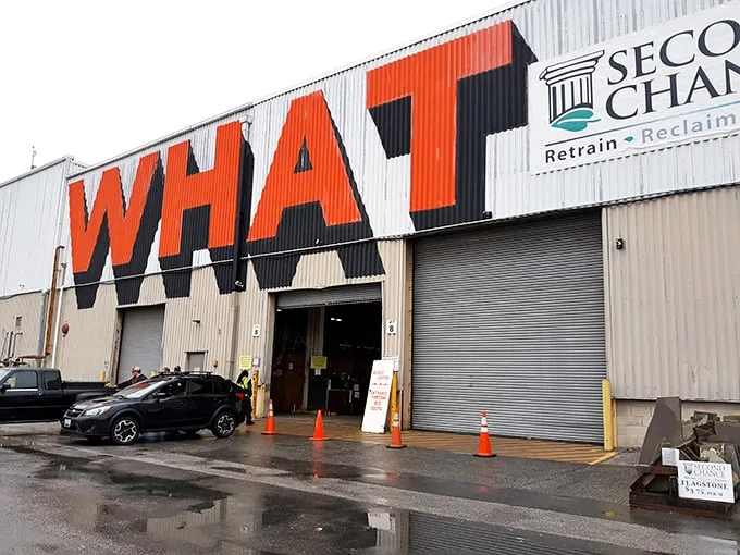 "WHAT" indeed! This industrial facade isn't just asking questions; it's shouting answers about the treasures within.