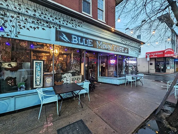 A blue moon rises in Baltimore! This charming façade isn't just eye candy—it's your portal to breakfast nirvana.