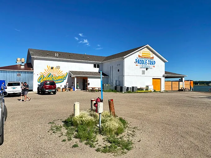 Welcome to seafood paradise! The Paddle Trap's exterior promises a wave of flavor in the heart of North Dakota's prairie.