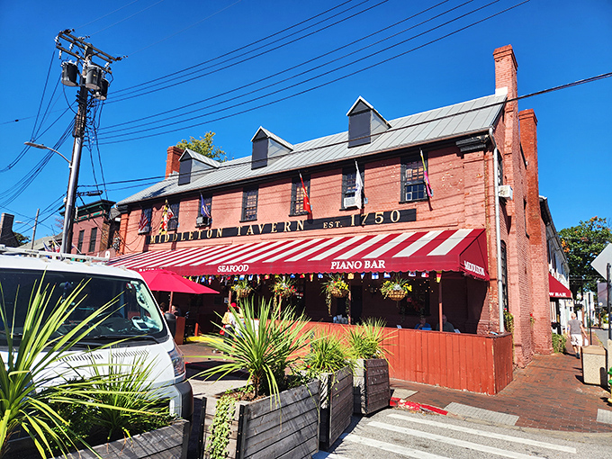 A red-brick time machine with a side of steak! Middleton Tavern's exterior promises a journey through history and flavor.