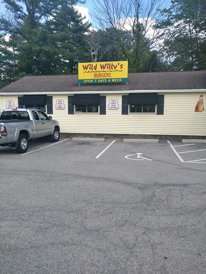 Welcome to burger paradise! Wild Willy's stands proud against the New Hampshire sky, promising a feast fit for a cowboy – or anyone with taste buds.