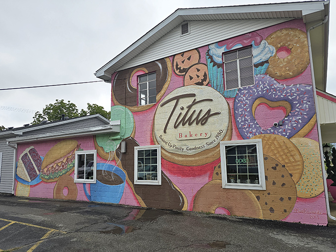 A feast for the eyes! Titus Bakery's exterior mural is like a sugar-coated Sistine Chapel, beckoning sweet-toothed pilgrims from miles around.