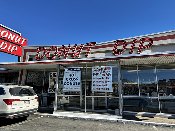 A retro sign that screams "donut paradise"! Donut Dip's exterior is like a time machine to simpler days when calories didn't count and sprinkles were a food group.