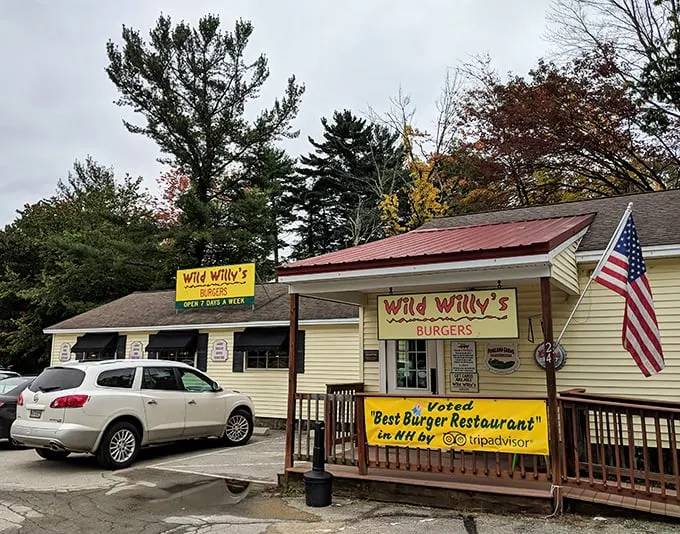 Welcome to burger paradise! Wild Willy's stands proud against the New Hampshire sky, promising a feast fit for a cowboy – or anyone with taste buds.