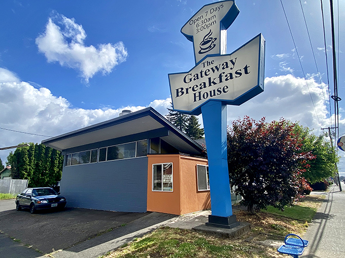 The iconic blue arrow sign beckons hungry Portlanders like a breakfast lighthouse. Some landmarks guide ships; this one guides empty stomachs.