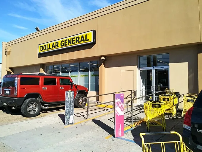 The iconic yellow Dollar General sign stands proudly, creating perhaps the most unexpected high-low shopping combo in Metairie.