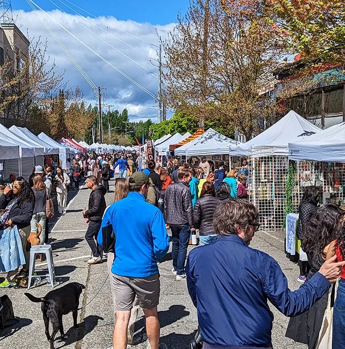 Welcome to treasure hunter's paradise! The Fremont Sunday Street Market bustles with bargain-seekers, each white tent a portal to quirky discoveries and culinary adventures.
