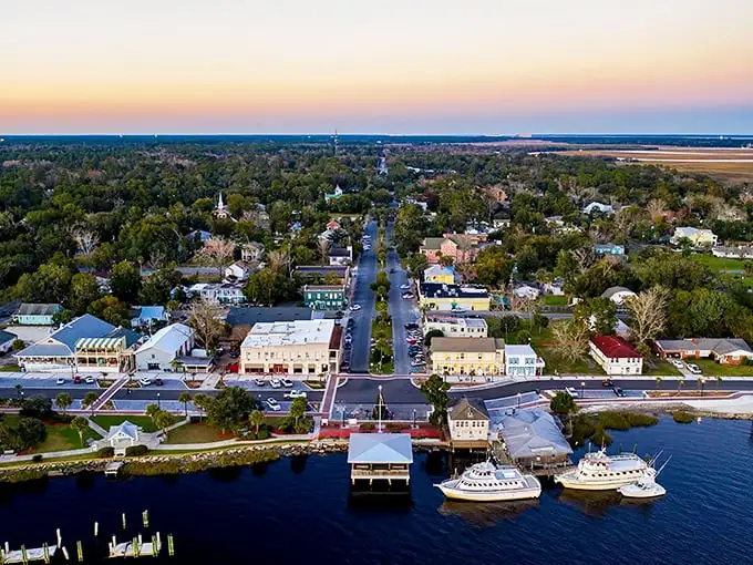 St. Marys unfolds like a storybook, its tree-lined streets and charming waterfront inviting you to explore every nook and cranny. This aerial view promises adventures waiting to be discovered.