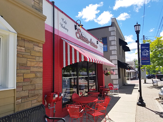 Step right up to pie paradise! Sweetie-licious beckons with its cherry-red exterior and classic striped awning, promising a slice of Americana and sugar-coated bliss.