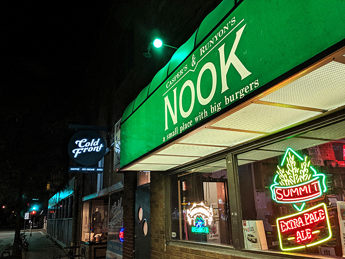 "A small place with big burgers" - The Nook's storefront promises a cozy adventure for your taste buds. It's like finding a treasure chest, but instead of gold, it's filled with juicy patties.