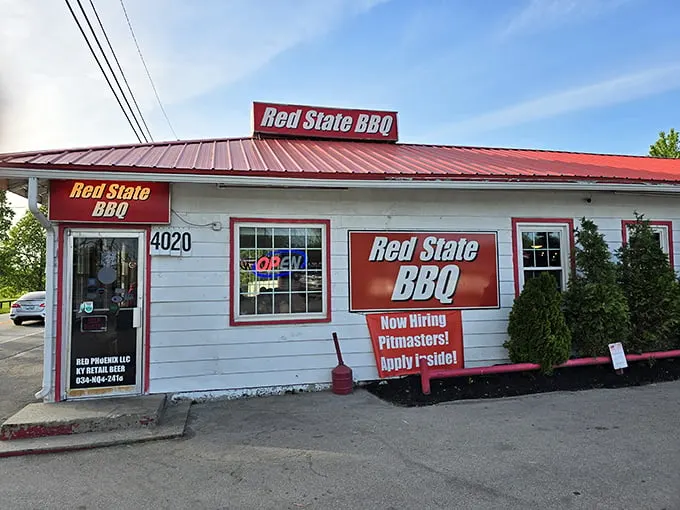 Welcome to BBQ paradise! Red State BBQ's unassuming exterior hides a world of smoky delights, proving you can't judge a book by its cover – or a restaurant by its siding.