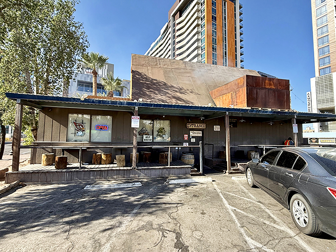Rustic charm meets urban oasis! The Chuckbox's exterior is like a time machine disguised as a burger joint.