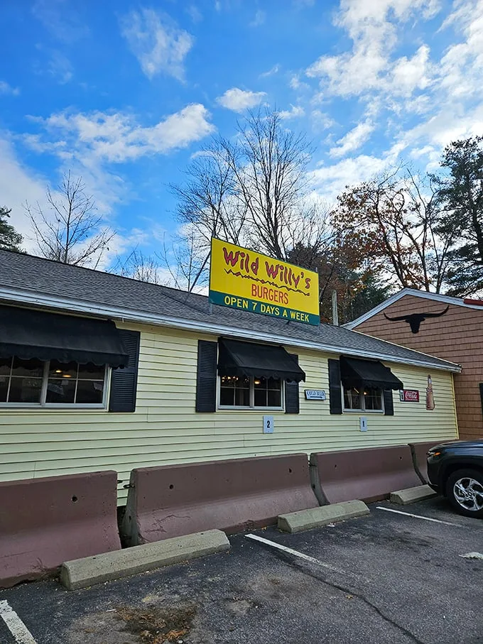 Welcome to burger paradise! Wild Willy's stands proud against the New Hampshire sky, promising a feast fit for a cowboy – or anyone with taste buds.