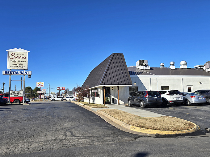 Welcome to Susan's, where the sign promises "World Famous" breakfast and the parking lot hints at local legend status.