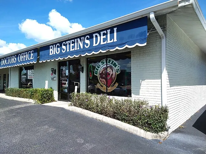 Welcome to sandwich paradise! Big Stein's Deli's cheery blue awning beckons like a siren song to hungry passersby. Resistance is futile, my friends.