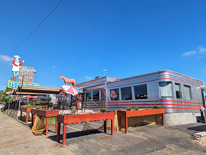 Holy chrome, Batman! This diner's exterior is so shiny, you might need sunglasses just to order breakfast.