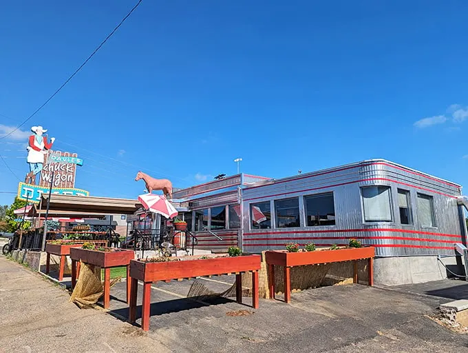 Holy chrome, Batman! This diner's exterior is so shiny, you might need sunglasses just to order breakfast.