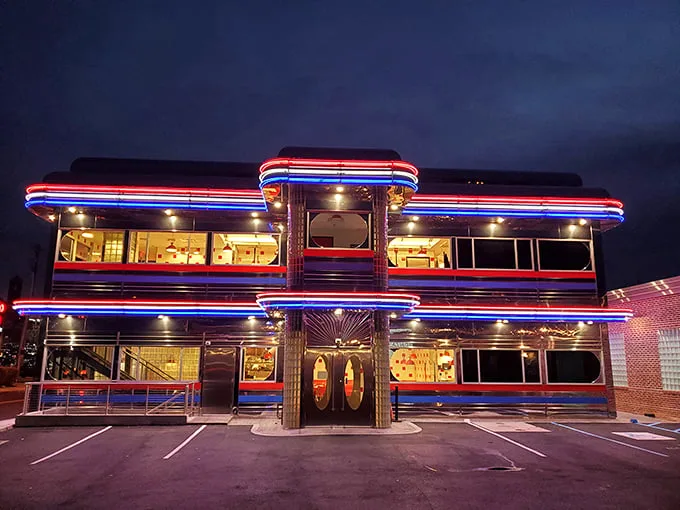 Beam me up, Scotty! This chrome-clad diner looks like it landed straight from a 1950s sci-fi flick, promising out-of-this-world eats.