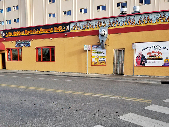Flame on! This sunny yellow exterior isn't just eye-catching—it's a beacon of BBQ bliss in the heart of Fairbanks. Talk about heating things up in the Last Frontier!