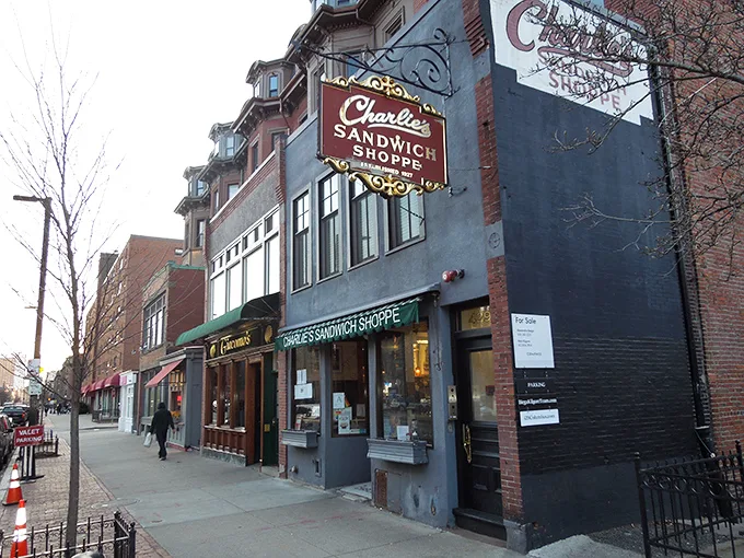 A beacon of breakfast bliss! Charlie's Sandwich Shoppe stands proud, its vintage sign promising delicious adventures within. It's like stumbling upon a time machine disguised as a diner.
