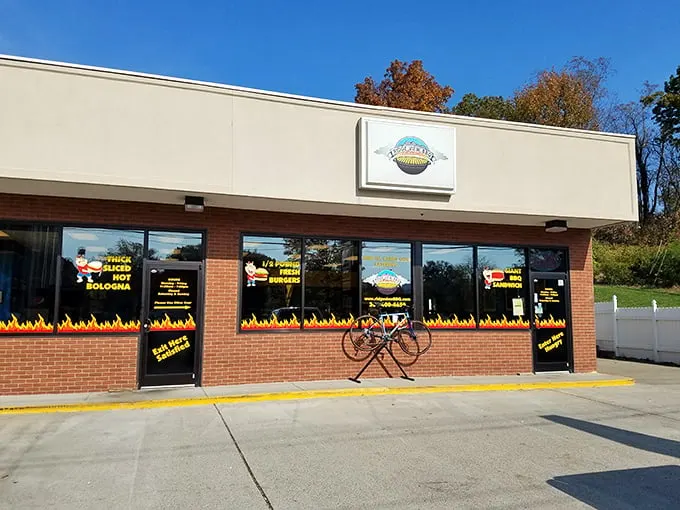 Welcome to flavor town! Ridge View BBQ's exterior might be modest, but those flame decals promise a fiery feast within.