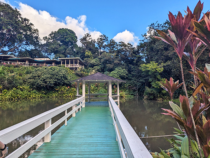 Crossing this bridge is like stepping into a postcard. Who needs a yellow brick road when you've got a white wooden walkway to culinary bliss?