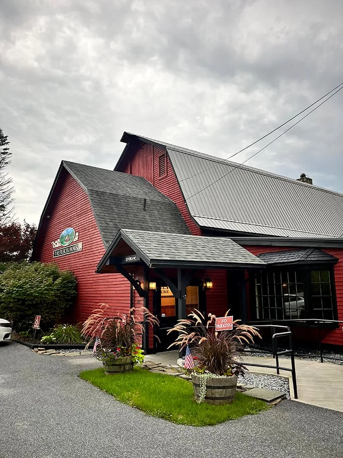 A barn-raising good time! The Publyk House stands tall, its red exterior a beacon for hungry travelers seeking a taste of Vermont charm.