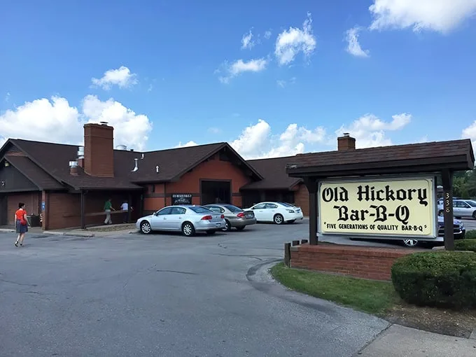 The rustic wooden exterior of Old Hickory Bar-B-Q stands like a beacon to barbecue pilgrims, its sign promising "Five Generations of Quality Bar-B-Q."