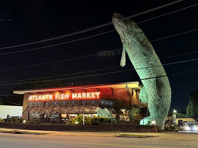 A fish out of water? Not quite! This colossal copper catch is Atlanta Fish Market's show-stopping welcome sign.