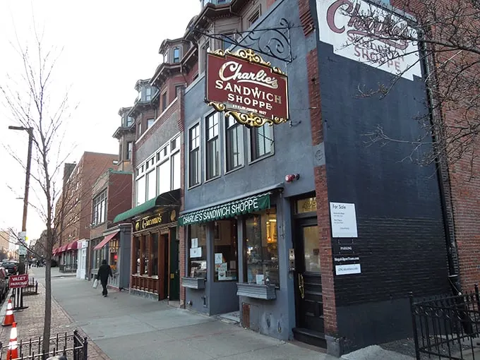 A beacon of breakfast bliss! Charlie's Sandwich Shoppe stands proud, its vintage sign promising delicious adventures within. It's like stumbling upon a time machine disguised as a diner.