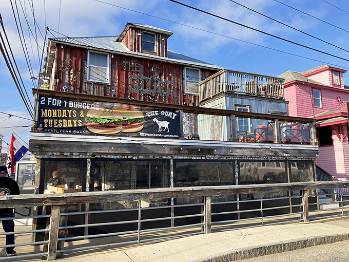 Weathered wood and faded paint: The Goat's exterior is like a treasure map to deliciousness, complete with a "2 for 1 burgers" X marks the spot!