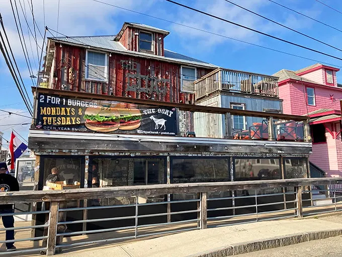 Weathered wood and faded paint: The Goat's exterior is like a treasure map to deliciousness, complete with a "2 for 1 burgers" X marks the spot!
