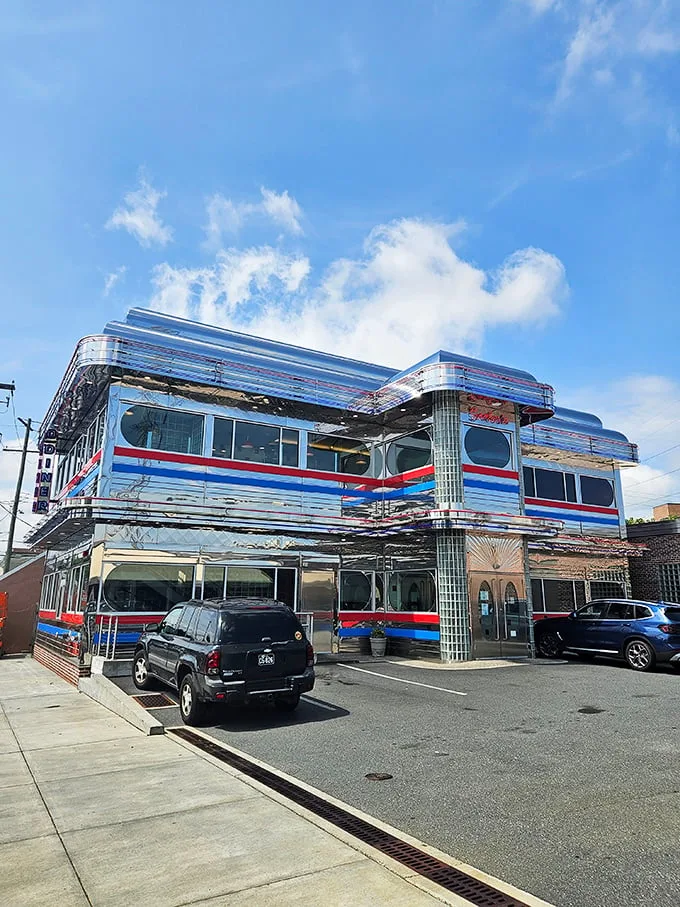 Beam me up, Scotty! This chrome-clad diner looks like it landed straight from a 1950s sci-fi flick, promising out-of-this-world eats.