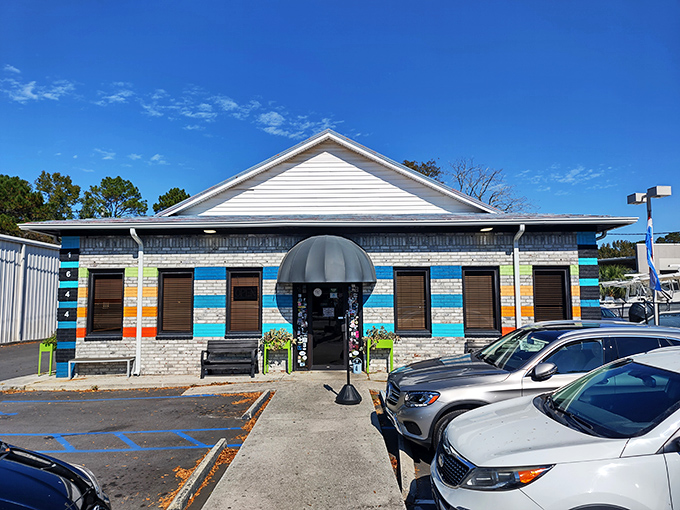 Welcome to waffle wonderland! This colorful exterior is like a Wes Anderson set come to life, promising delicious adventures within. 