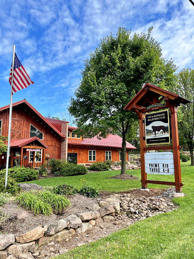 Welcome to meat paradise! This rustic barn-like exterior promises smoky delights that'll make your taste buds do a happy dance.